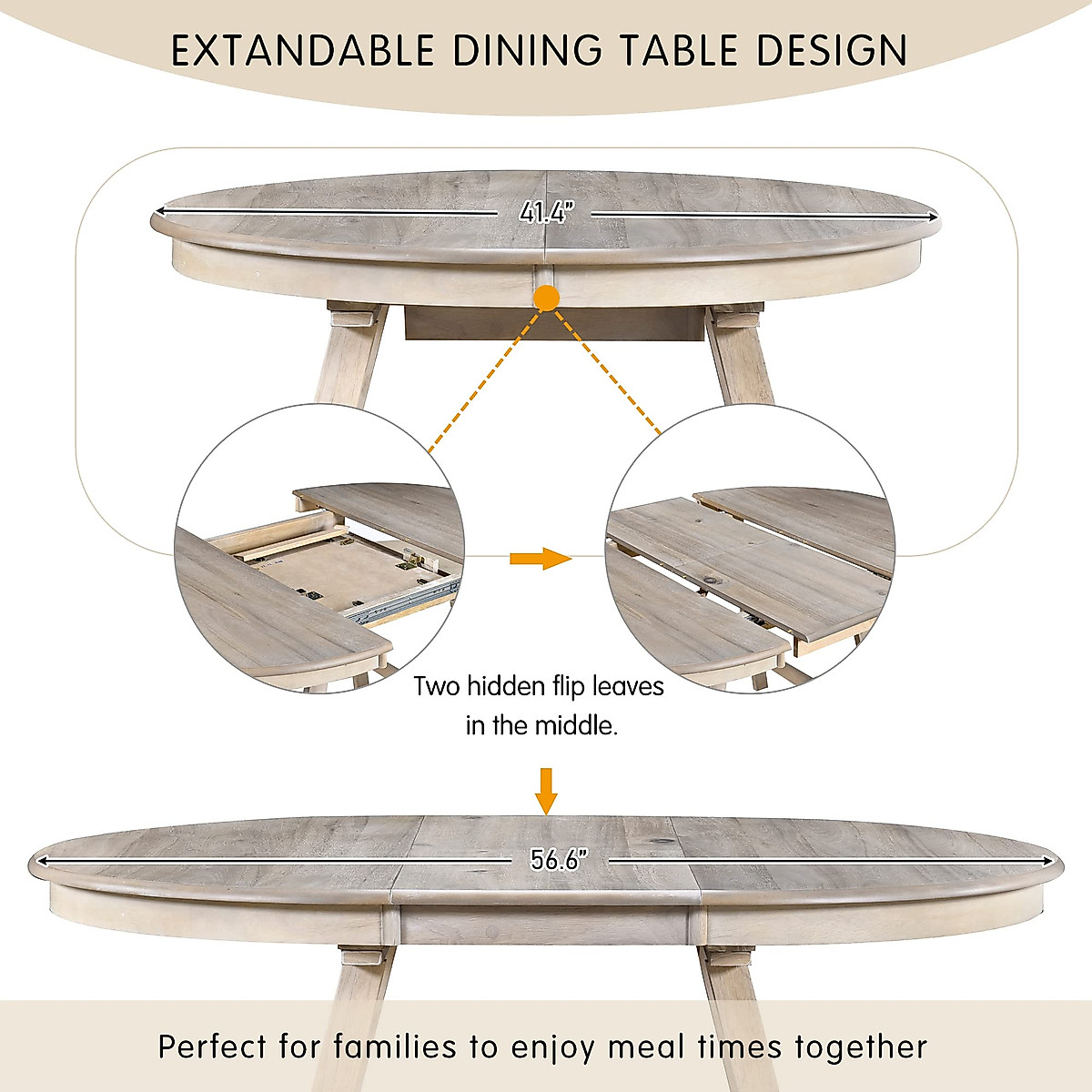 P PURLOVE Extendable Dining Table Set for 4 Persons, 5 Piece Round Dining Table Set with Extendable Dining Table and 4 Upholstered Dining Chairs for Kitchen Dining Room