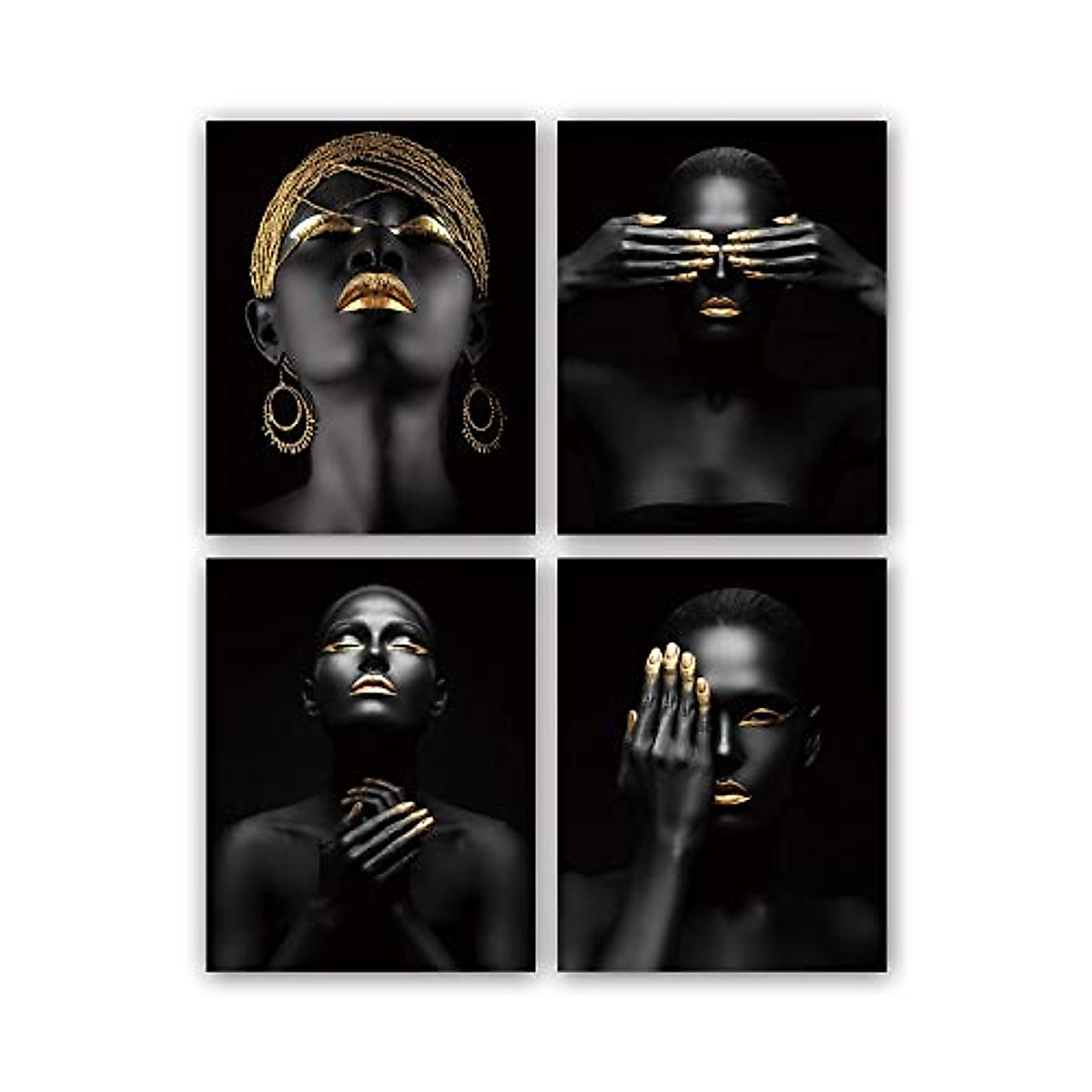 Ryyllh Minimalist Art Painting African American Wall Art Set of 4 Black Woman Fashion Gold Earrings Necklace For Girl Room Home Decor No Frame 8x10 inches 8 x 10 Inch