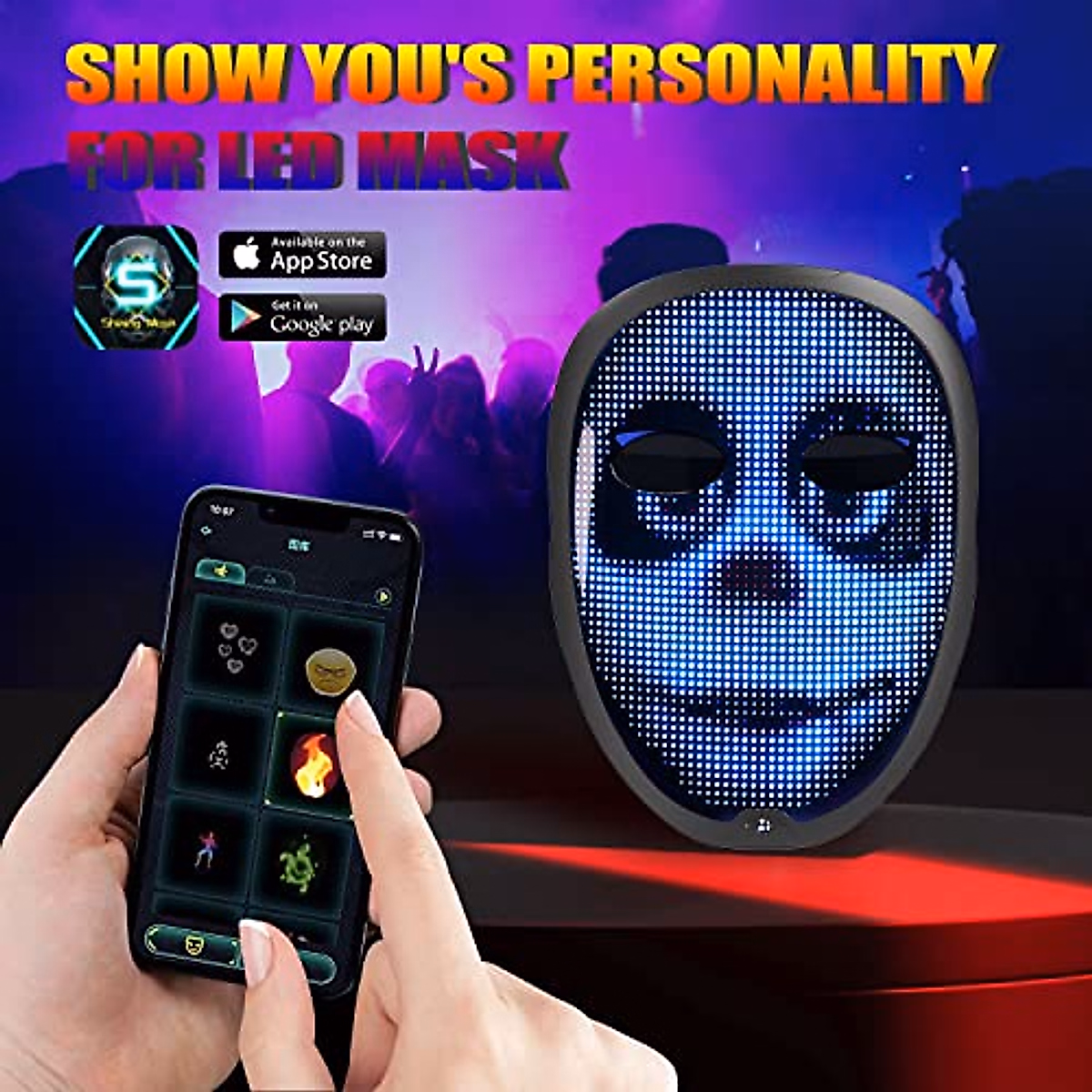 MEGOO Led Mask with Bluetooth Programmable,Ultra-light-thin Led Digital Light Up Face Mask for Halloween Rave Masquerade