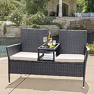 Devoko Outdoor Patio Loveseat Modern Rattan Patio Conversation Furniture Set with Cushions & Built-in Coffee Table Porch Furniture for Garden Lawn Backyard (Beige)