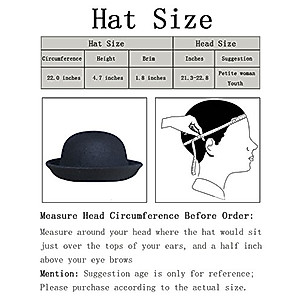Lujuny Classic Wool Round Bowler Hats - Trendy Derby Fedora Bucket Caps with Roll-up Brim for Youth Petite (Black)