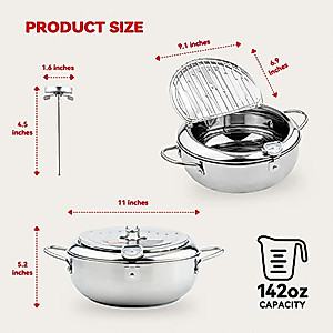 Kerilyn Deep Fryer Pot, 11 Inch/4.2 L Janpanese Style Tempura Frying Pot with Lid, 304 Stainless Steel with Temperature Control and Oil Drip Drainer Rack, for Kitchen French Fries, Chicken etc