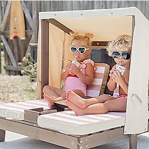 KidKraft Wooden Outdoor Double Chaise Lounge with Cup Holders, Patio Furniture for Kids or Pets, Espresso with Oatmeal and White Striped Fabric