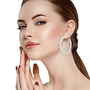 Hicarer 4 Pairs Faux Pearl Hoop Earrings for Women Large Big Drop Dangle Earrings Pearl Beaded Earrings Jewelry for Women Girlfriend Brides Gift (Silver Pearl Hoop)