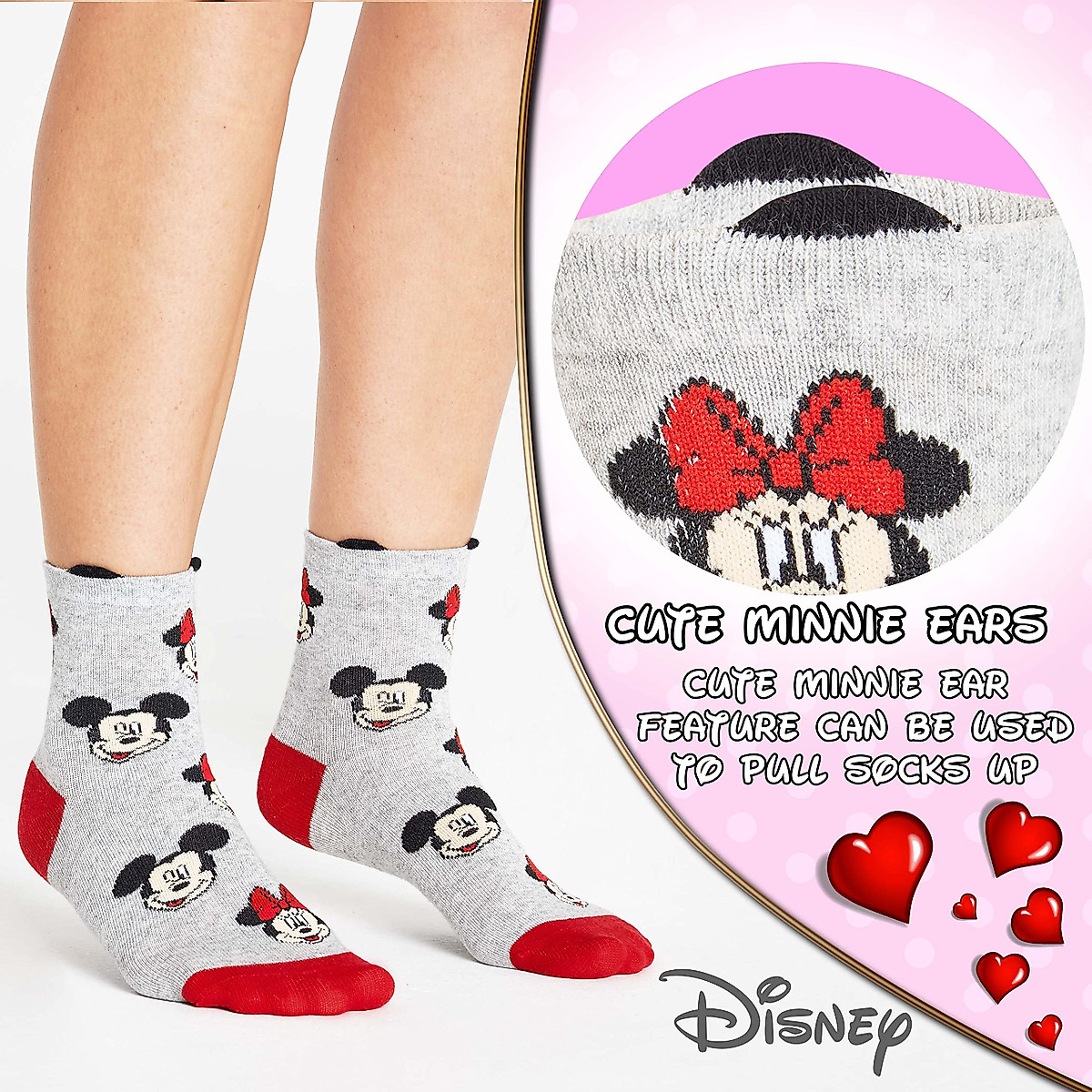 Disney Womens Novelty Socks, Pack of 5 Soft Calf Socks - Gifts for her (4/9 US, Red Minnie Mouse)