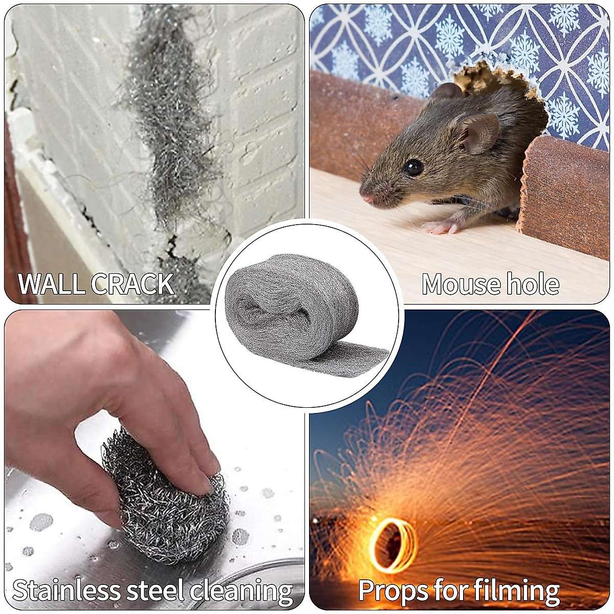 Steel Wool for Mice Control,4 Pack of 3.1" x13 Ft Steel Wool,Gap Filler for House & Garage,Keep Mice Away from Holes, Siding, Pipeline, Vents in Garden, House, Hardware DIY Kit（ #3 Coarse）