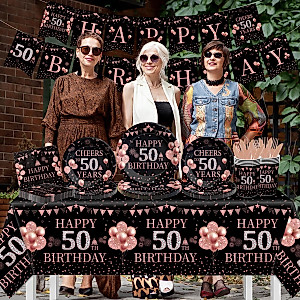 142Pcs Rose Gold 50th Birthday Decorations-Happy 50th Birthday Disposable Tableware for Women Rose Gold Birthday Plates and Napkins Set Serves 20 Guests