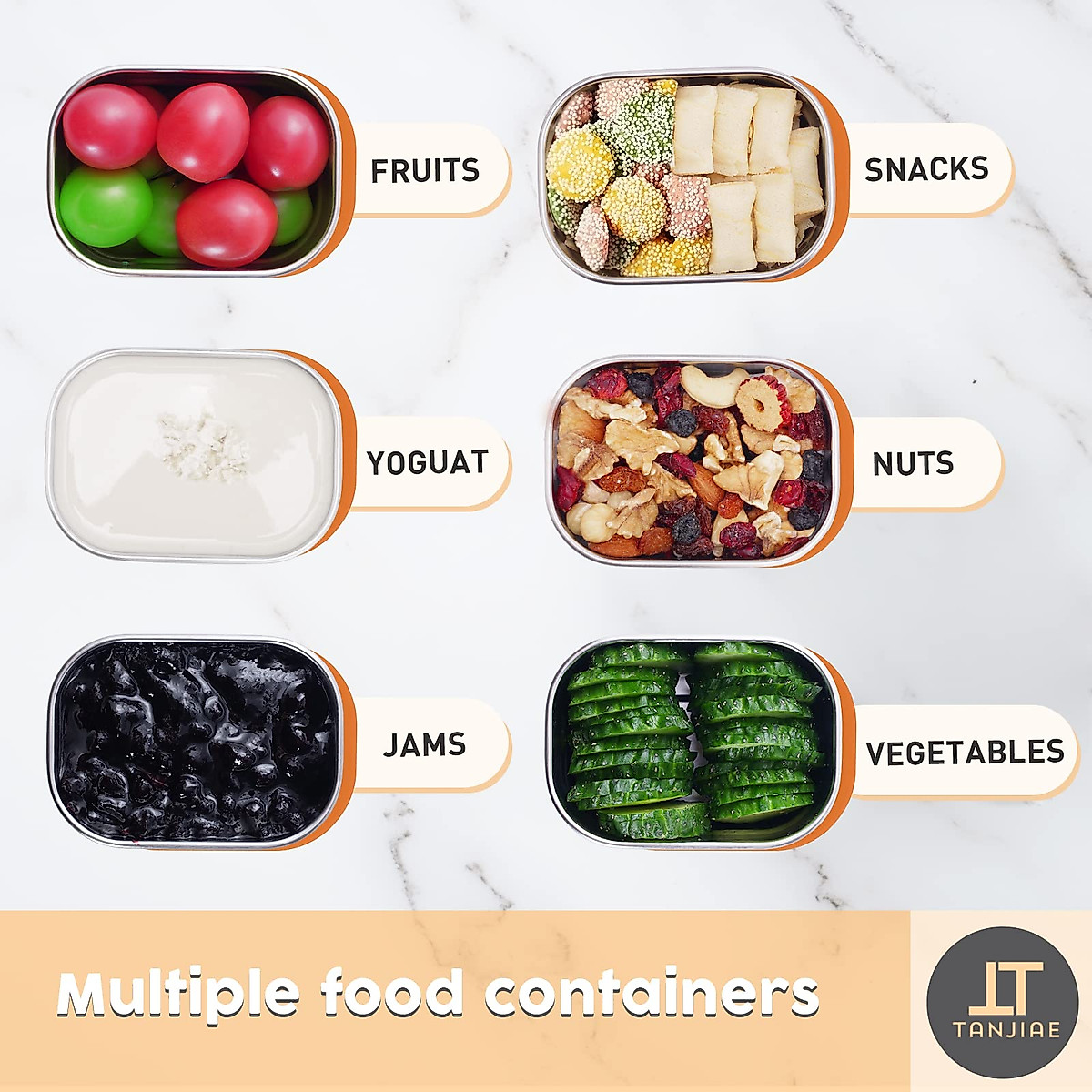 Tanjiae Stainless Steel Snack Containers for Kids | Easy Open Leak Proof Small Food Containers with Silicone Lids - Perfect Metal Toddler Lunch Box for Daycare and School (8oz)