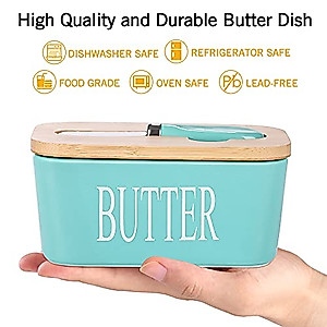 Ceramic Butter Dish with Wooden Lid, Lxmons Large Butter Container Keeper Storage with Stainless Steel Butter Knife Spreader, Bamboo Cover and Silicone Sealing Ring for West East Coast Butter, Green