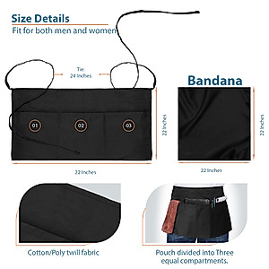 Batex 1-Pack Premium Cotton Server Apron with 3 Pockets and Chef Bandana, Comfortable Waist Apron for Waitress, Waiters, Half Apron with Pocket (Black - 1 Pack)