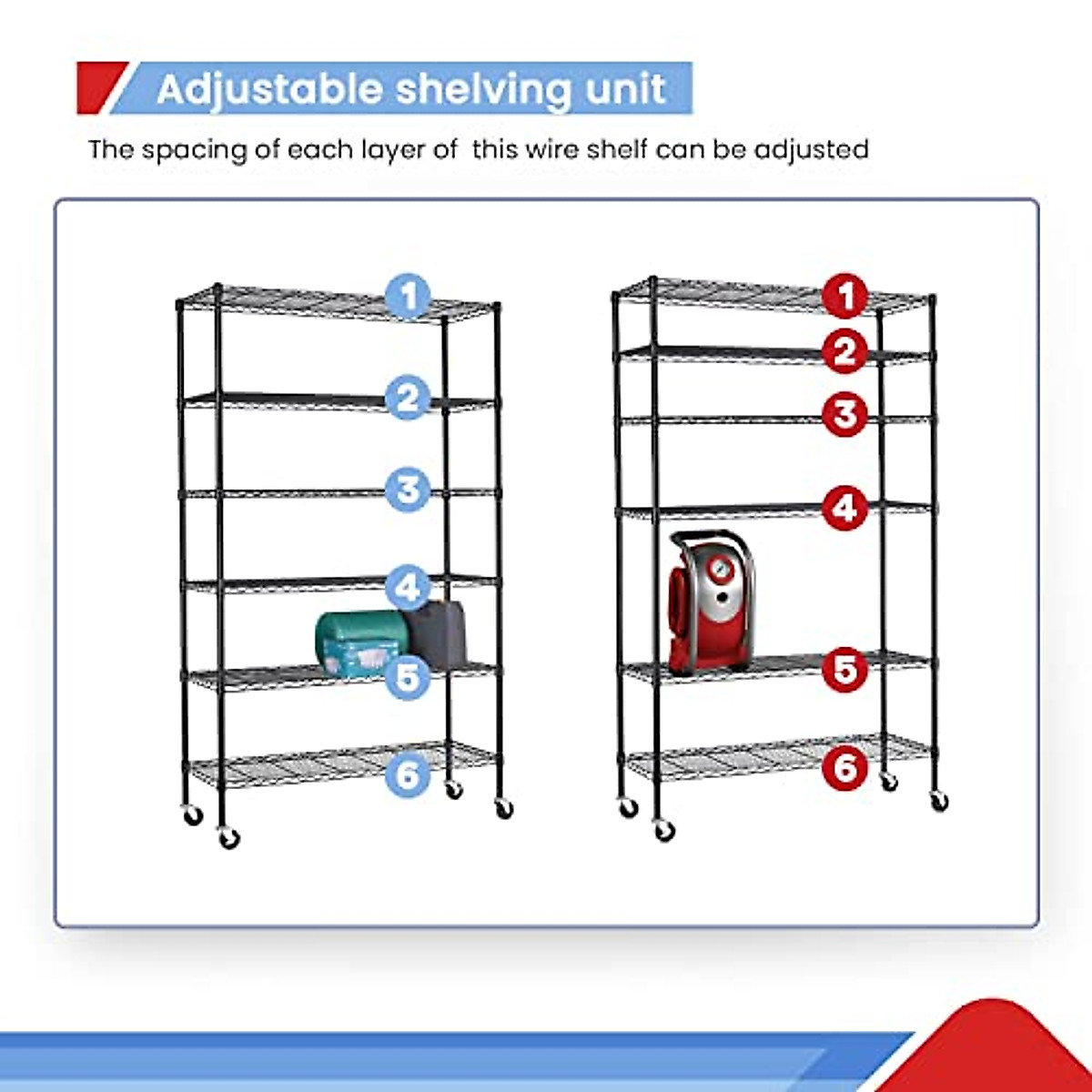 6 Tier Adjustable Metal Shelf Wire Shelving Unit Storage with Wheels 2100LBS Capacity 18" D x 48" W x 82" H for Restaurant Garage Pantry Kitchen Garage Rack,Black