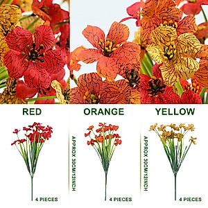 ALAGIRLS Artificial Plants & Flowers Outdoor UV Resistant 12 Bundles, Plastic Fake Flowers for Home Garden Patio Decor, Faux Silk Flowers for Outdoor Planters, Hanging Baskets, Red Yellow Orange