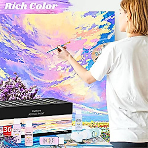 Caliart Acrylic Paint Set with 12 Brushes, 36 Pastel Colors (59ml, 2oz) Art Craft Paint for Artists Students Kids Beginners & Hobby Painters, Halloween Canvas Ceramic Wood Rock Painting Supplies Kit