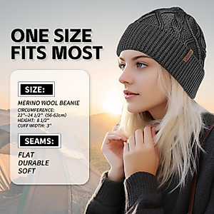 OUTDOOR SHAPING Merino Wool Beanie, Unisex Cable Knit Hat, Daily Rib Cuff Beanie, Warm Winter Cap, Black, One Size