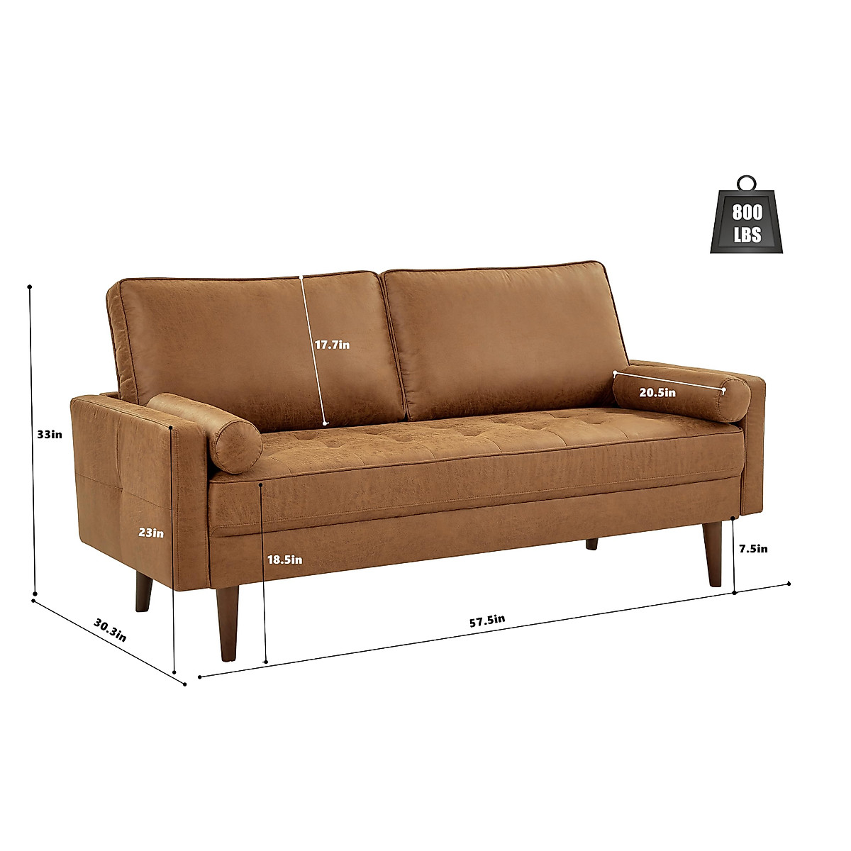 HIFIT 58" Loveseat Sofa Couch, Mid Century Modern Faux Leather Couch with Hand-Sewn Deep Love Seat & 2Pillows, Home Sofa Living Room Small Couches for Small Space,Bedroom,Office,Solid Wood Frame,Brown