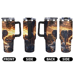 Elephants in Sunset Water Insulated Tumblers with Handle Stainless Steel Coffee Mug Funny Travel Cup with Lid Straw 40oz