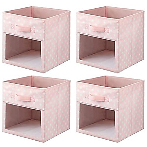 mDesign Fabric Nursery/Playroom Closet Storage Organizer Bin Box, Front Handle/Window for Cube Furniture Shelving Unit, Hold Toys, Clothes, Diapers, Bibs, 4 Pack, Pink/White Polka Dot