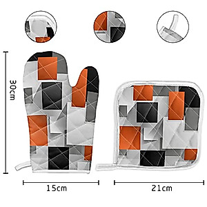 Oven Mitts, Geometric Figures Anti-Skid Cooking Gloves for BBQ, Microwave, Baking, Cooking, Thermal Insulation Hot Pads Potholders for Handling Hot Cookware Orange Grey Black Color Block