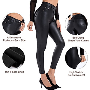 Tagoo Faux Leather Leggings for Women High Waisted Pleather Pants Black Stretch Tights with Pockets