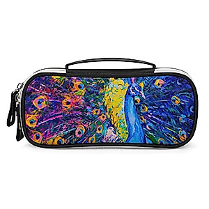 Colorful Peacock Printed Pencil Case Bag Stationery Pouch with Handle Portable Makeup Bag Desk Organizer