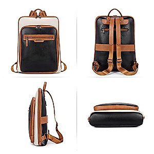 CLUCI Leather Laptop Backpack for Women 15.6 inch Computer Backpack Travel Business Work Large Daypack Off-white with brown and black