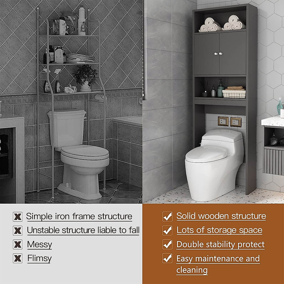 ME2 Bathroom Over The Toilet Storage, 77'' Taller Bathroom Organizer Shelf Space-Saving Collect Cabinet with Shelves and Double Doors, Grey