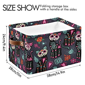 AUUXVA Storage Basket Day of The Dead Cat Sugar Skull Flower Storage Cube Box Durable Canvas Collapsible Toy Basket Organizer Bin with Handles for Shelf Closet Bedroom Home Office