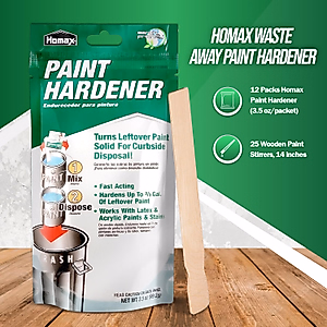 HOMESPHERE Homax Waste Away Paint Hardener, 12 Packs, 3.5oz – Fast Acting Paint Solidifier for Disposal - Paint Drying Powder for Acrylic & Latex Paint with 25 Pcs. of 14 Inch Wooden Stir Sticks