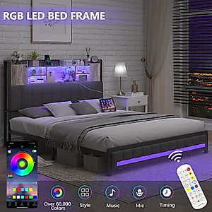 Queen Bed Frame with 3-Tier Headboard & 2 Hidden Storage, LED Lights Upholstered Bed Frame Queen Size with Charging Station, Platform Metal Bed Frame with Storage, No Box Spring Needed, Charcoal Gray