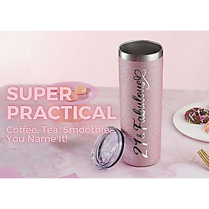 Onebttl 21st Birthday Gifts for Women, Girl, Her - 21 and Fabulous -20oz/590ml Stainless Steel Insulated Glitter Tumbler with Straw, Lid, Message Card - (Rose Gold)