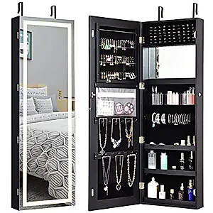 AUGESTER Jewelry Cabinet w/ Full Length Mirror, 47.5'' Wall/Door Mounted Jewelry Armoire w/ LED Touch Screen Mirror, Large Storage, Lockable Jewelry Organizer Armoire (Black)