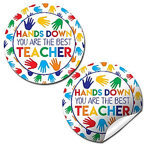 You’re The Best Teacher Handprint Themed Appreciation Thank You Sticker Labels, 40 2" Party Circle Stickers by AmandaCreation, Great for Envelope Seals & Gift Bags