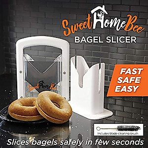 Sweet Home Bee Bagel Slicer, Stainless Steel Kitchen Guillotine Cutter with Safe Grip and Safety Shield for Bagels, Breads, Muffins, Buns, Rolls - Fast, Easy And Safe, White