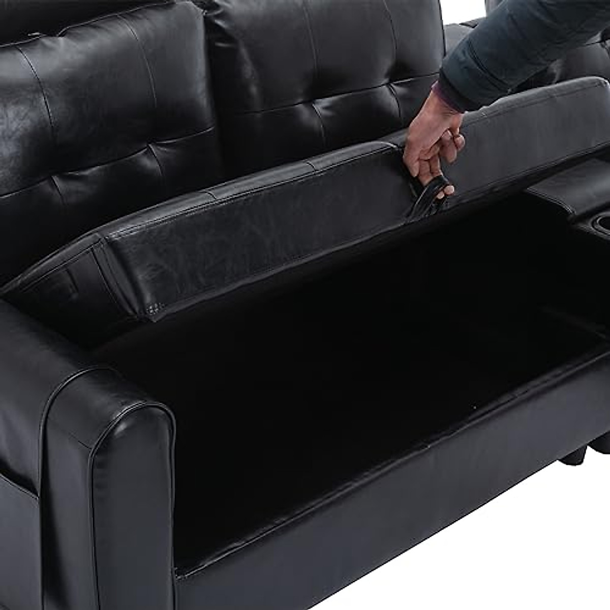 88.98" PU Leather Modular Sectional Sofa with Storage & Cup Holder, Convertible L Shaped Sofa Couch with Chaise, Modern Tufted Convertible Sleeper Sofa Set for Living Room,Black