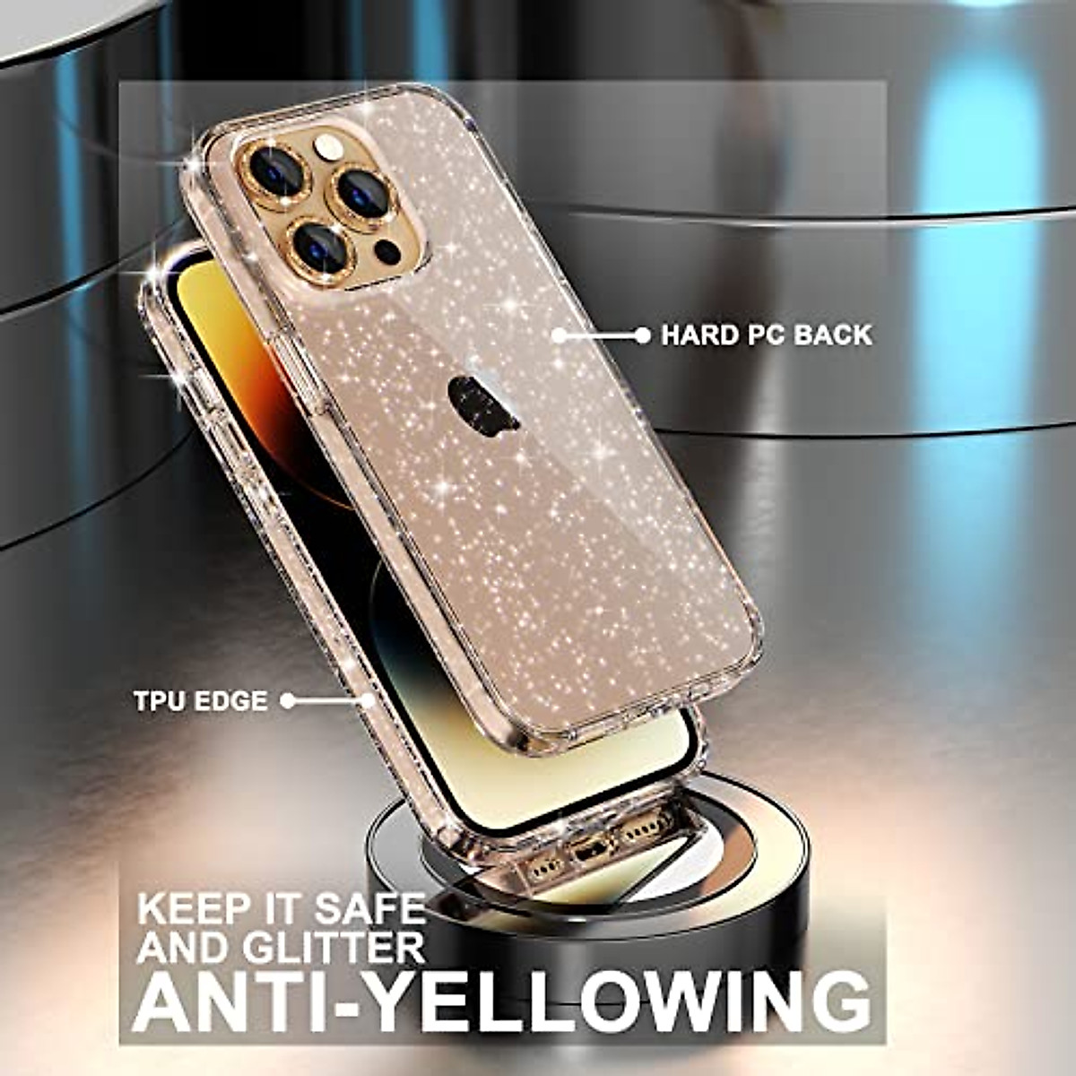 Choiche Compatible for iPhone 14 Pro Case Cute, Women Clear Glitter Bling Sparkly Case, [3 x Diamond Camera Lens Protectors] [2 x Tempered Glass Screen Protectors] 6.1-inch (Glitter Gold)