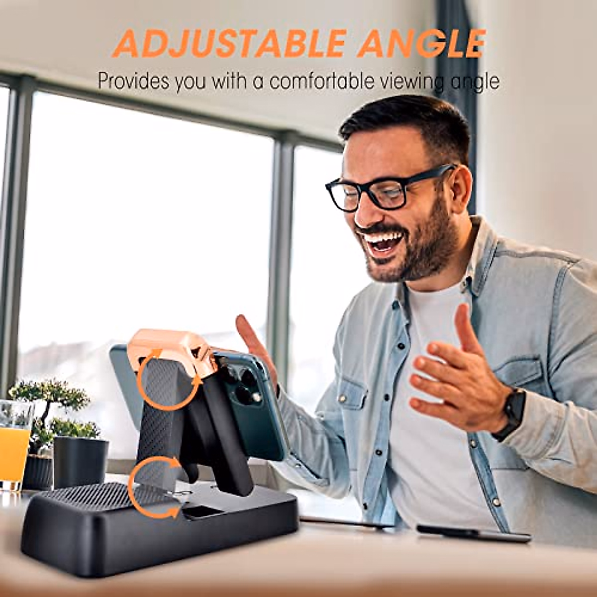 Cell Phone Stand with Bluetooth Speaker, Built-in USB Charging Port and SD Card Slot, HD Surround Sound Bluetooth Speaker with Adjustable Phone Holder for Desk