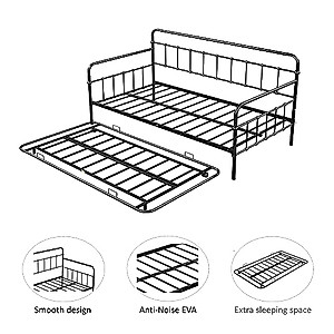 Oudiec Twin Size Metal Daybed with Trundle, Sofa Bed Frame Steel Slat Support for Teenagers/Adult Bedroom, Space Saving Design & No Box Spring Needed, Black