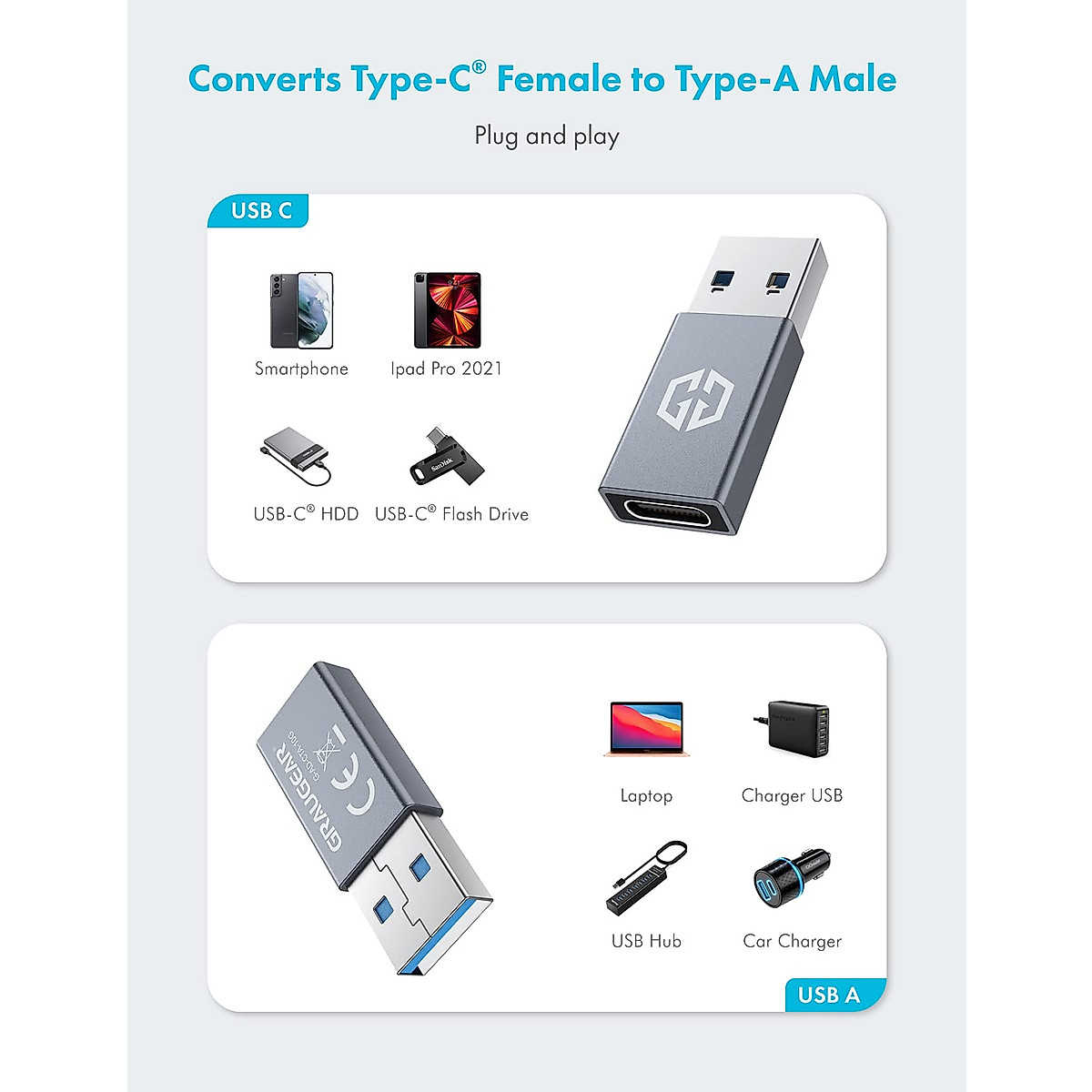 GRAUGEAR USB to USB C Adapter, 10Gbps Double Sided Data Transfer, 3A Fast Charging, USB C Female to USB A Male Adapter 3.2, Compatible with PC, Laptop, MacBook, iPhone, iPad, Apple Watch, Carplay