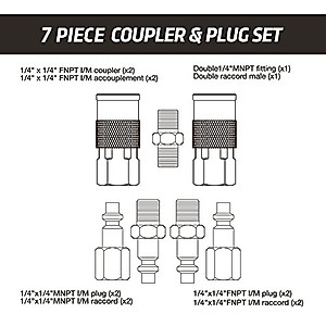 WYNNsky Air Coupler and Plug Kit, 1/4 Inch NPT Air Fittings Industrial Type, 7 Piece Air Compressor Accessories Kit