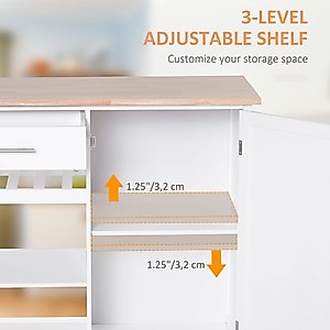 HOMCOM Rolling Kitchen Island with Storage, Kitchen Cart with Solid Wood Countertop, Drawer, Adjustable Shelf and Wine Rack, White