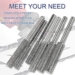JONMON Burr Grinding Stone File - 6Pcs 3mm Shank 5/32" 3/16" 7/32" Diamond Chainsaw Sharpener Rotary Bit Set Polishing Sharpening Garden Tool for Lawn Mower Chainsaw Parts Garden,120-150 Grit