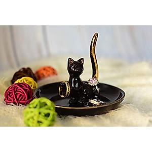 Exembe Happy Cat Posture Trinket Tray Decorative Ring Holder Jewelry Storage Dish Black/Golden Tail