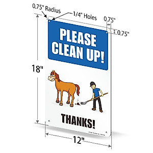 SmartSign 18 x 12 inch “Please Clean Up - Thanks” Horse Poop Metal Sign with Horse Graphic, 63 mil Laminated Rustproof Aluminum, Multicolor, Made in USA