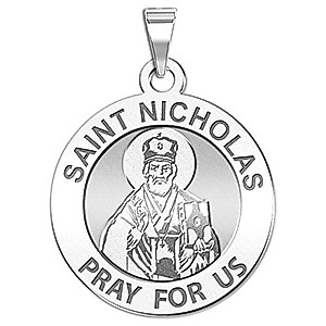 PicturesOnGold.com Saint Nicholas Religious Medal - 3/4 Inch Size of a Nickel -Sterling Silver WITH ENGRAVING