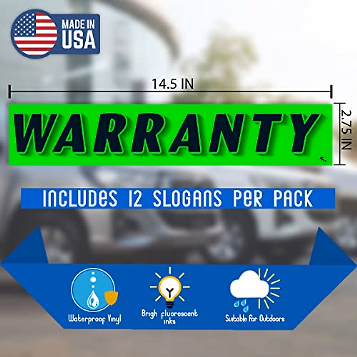 Versa Tags Windshield Slogan Stickers 12 Pack Each of Down, 3RD Row Seating, WE Finance, FINANCING Available, Warranty (60) Window Stickers Total Dealership Stickers Black On Green