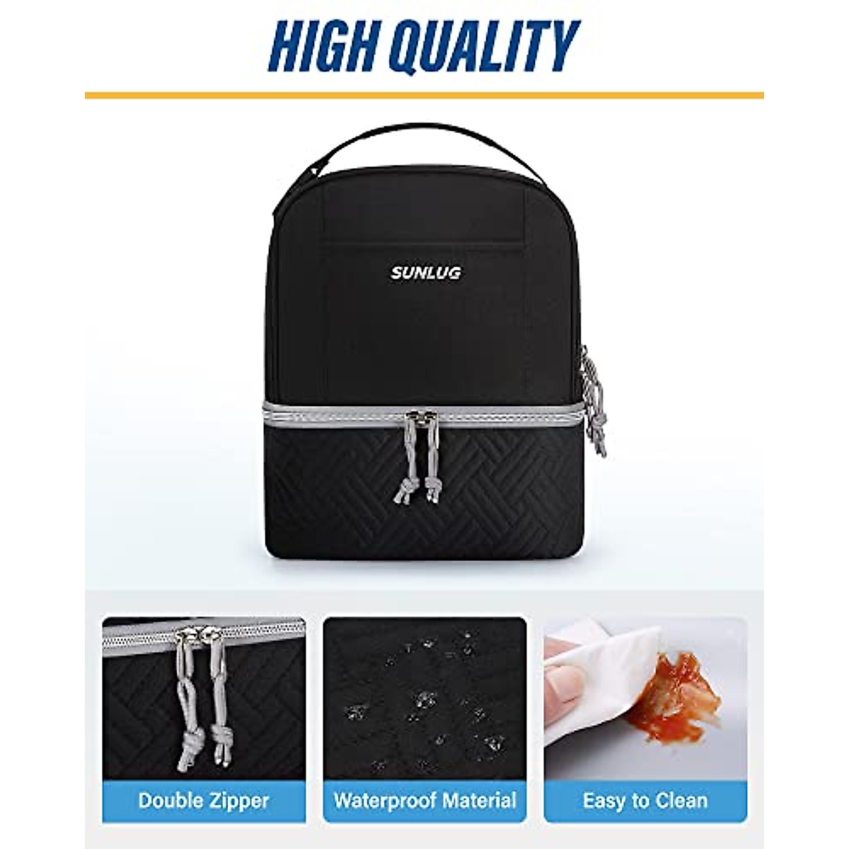 SUNLUG Large Lunch Bag Women 13.5L Double Deck Lunch Box Insulated Cooler Lunch Tote Bag Reusable Adult Lunch Bag Women for Work, Picnic, Black