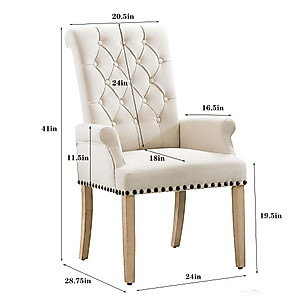 Dining Room Chairs with Arms,Tufted Upholstered High Back Nailed Trim with Untique Oak Wood Legs for Kitchen Restaurant Room Bedroom (Beige)