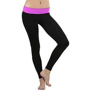 ToBeInStyle Women's Black Athletic Leggings with Fold-Over Contrast Waistband - Magenta