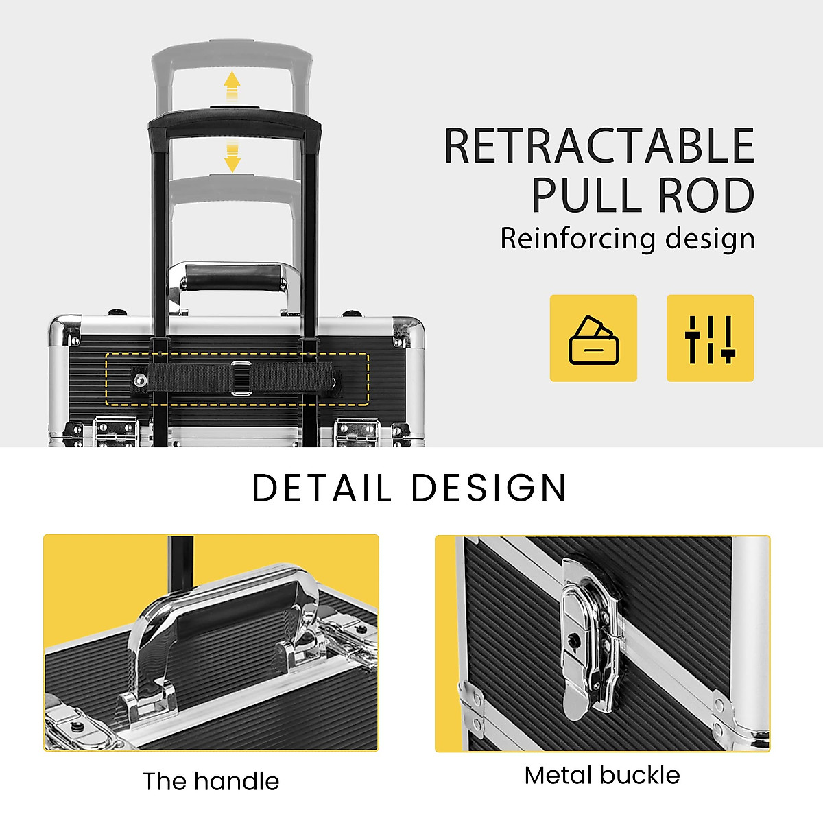 VIVOHOME 4 in 1 Makeup Rolling Train Case Aluminum Trolley Professional Cosmetic Organizer Box with Shoulder Straps 2 Keys Black(Cosmetic are not included)
