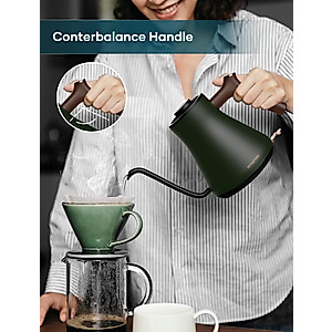 INTASTING Gooseneck Electric Kettle Hot Water Boiler Pour Over Coffee and Steeping Tea, 304 Stainless Steel, 0.9L/30oz, Auto Shut-Off & Boil Dry Protection, Matte Green with Dark Brown Wood Handle